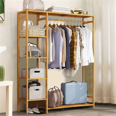 Wooden Clothes Garment Hanging Stand Shoe Rack Display Storage Shelf w ...