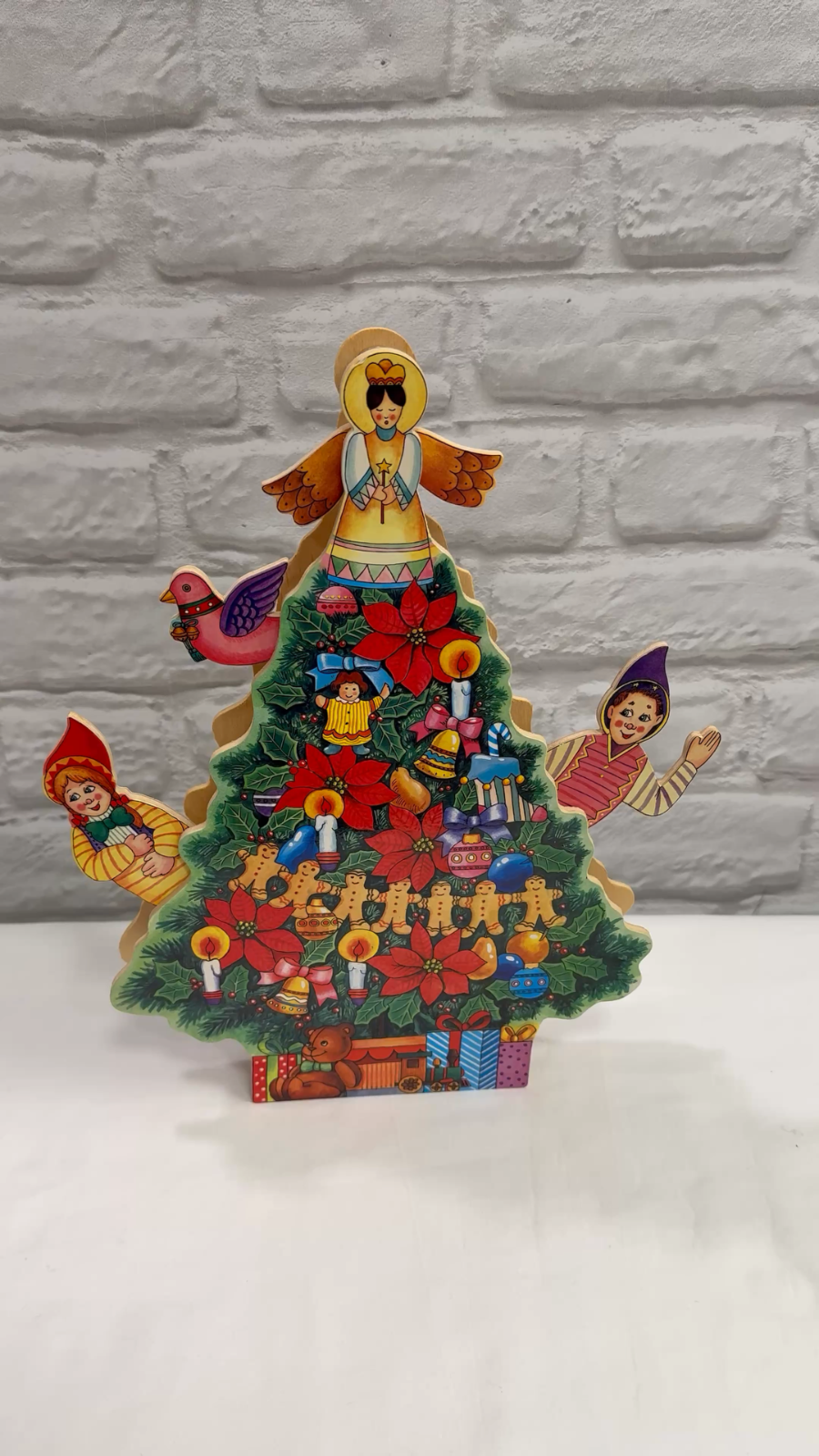 Vtg Wooden Christmas Music Box Wind Up Motion Tree Elves Angel Vintage ...