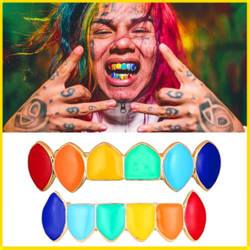 6ix9ine Teeth Golden Rainbow 69 HipHop Colorful Dent Teeth Grillz Top ...