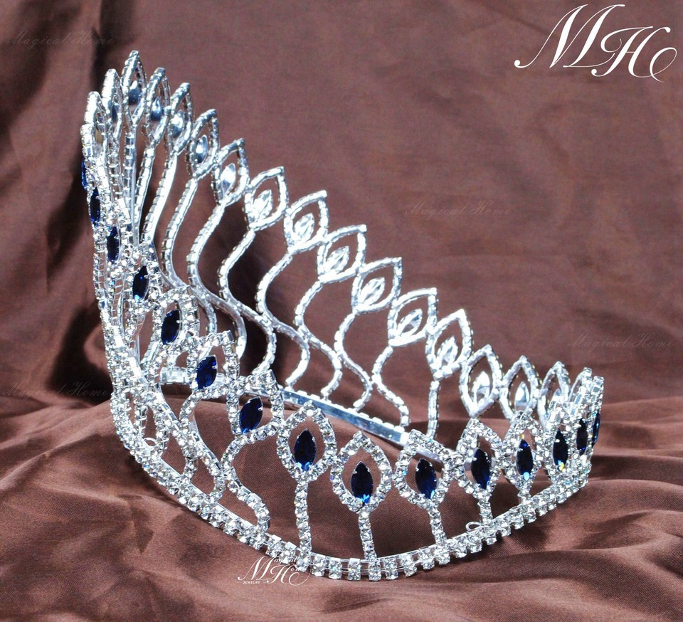 Large Contoured Pageant Tiara Blue Rhinestone Crown Wedding Prom Party ...