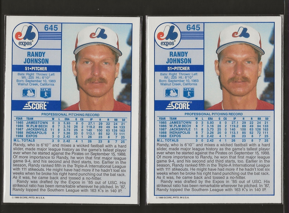 Randy Johnson ROOKIE LOT of 2 1989 Score Baseball cards #645 GEM Hi ...