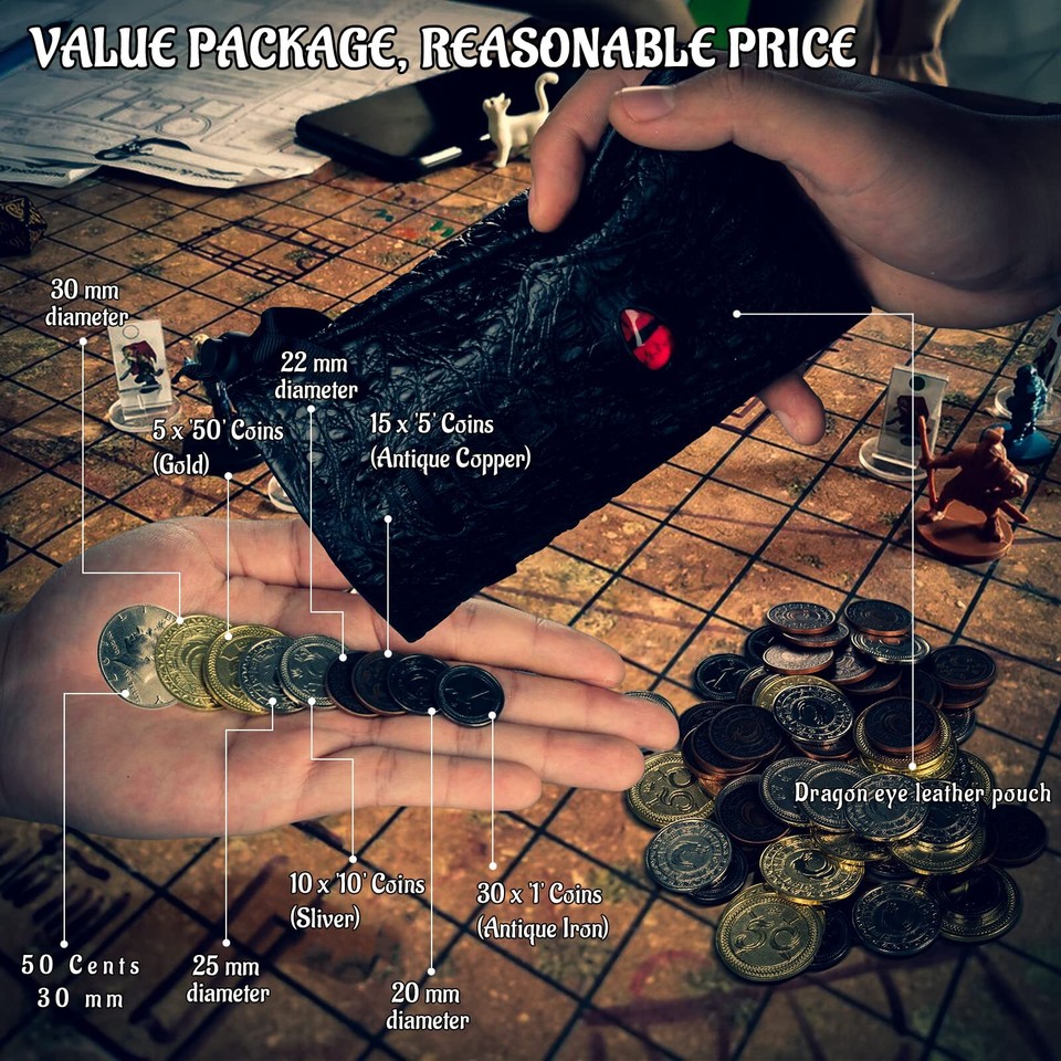 DND Metal Coins Set of 60 with Leather Pouch - Gaming Tokens Pirate ...
