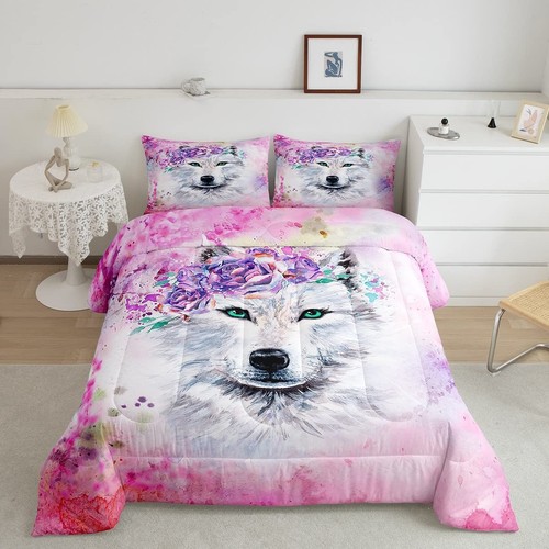 Wolf Warm Comforter Tie Dye Pink Wolf Print Twin Size Bedding Set for ...