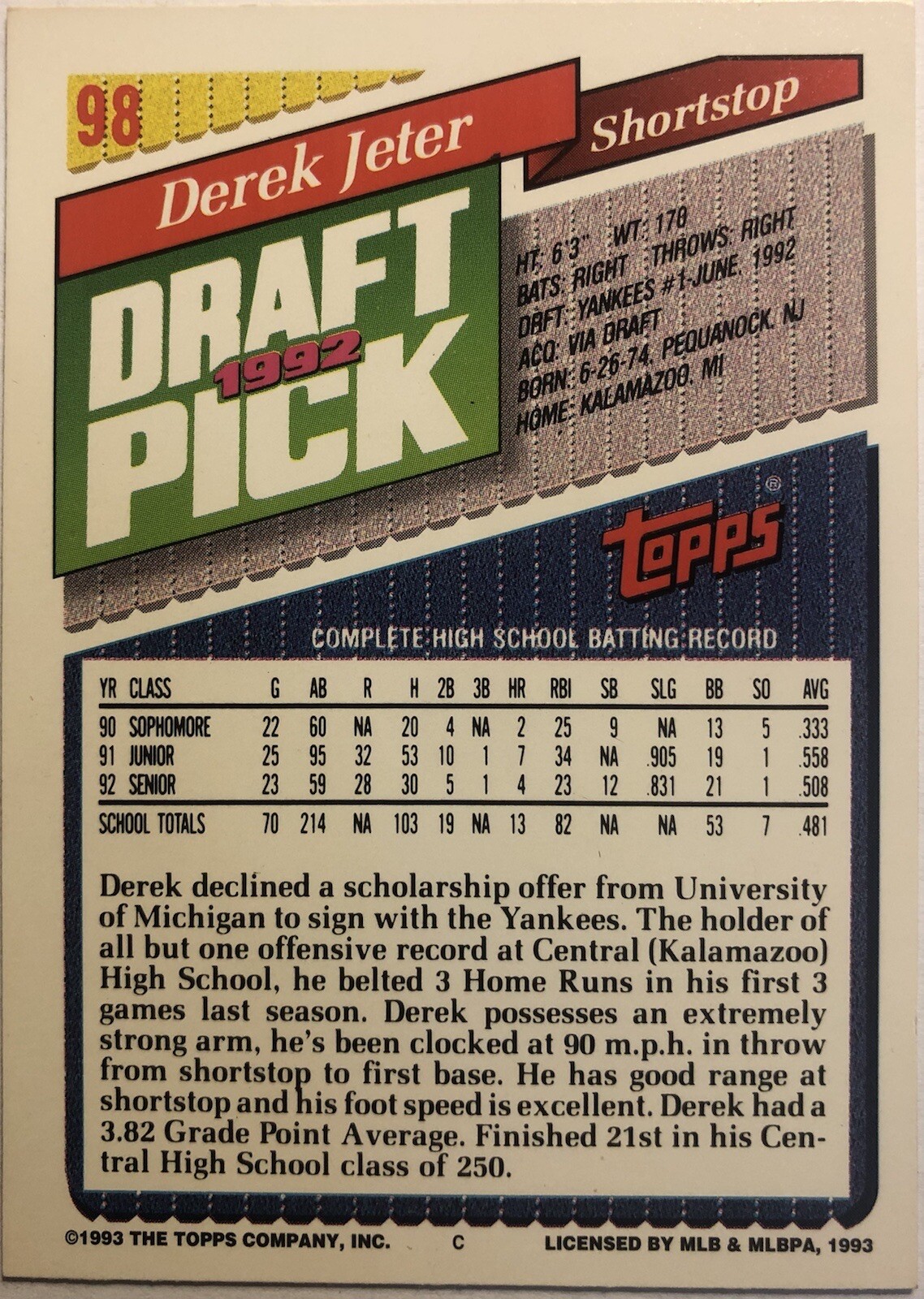 Derek Jeter 1992 Draft Pick Topps Gold Rookie Card | eBay