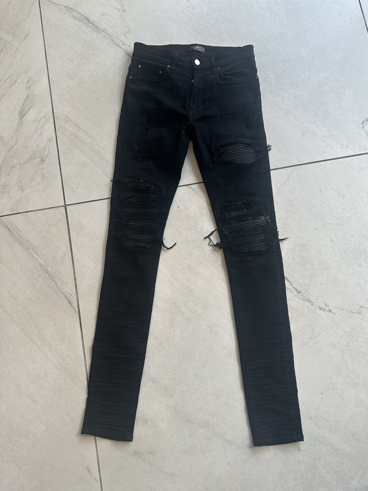 Amiri MX1 Leather Patch Ripped Skinny Jeans - Gem