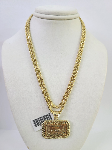 REAL 10k Rope Chain Last Supper Charm Pendant 3mm Necklace Set 18"-30 ...