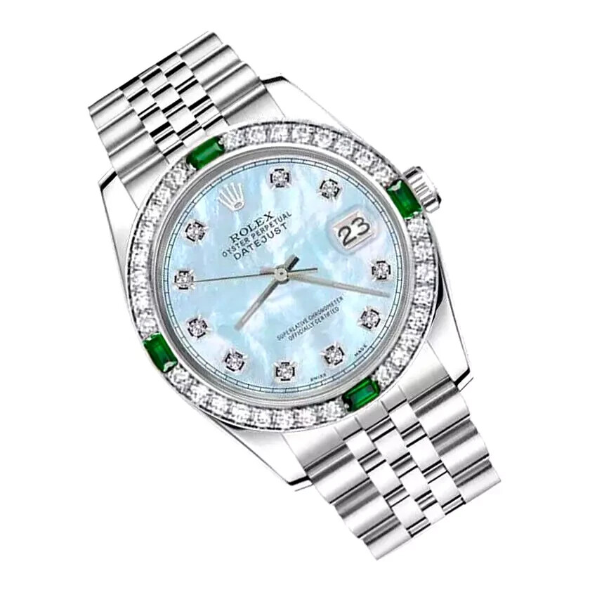 31 Rolex Datejust Baby Blue Mother Of Pearl Dial Diamond & Emerald ...