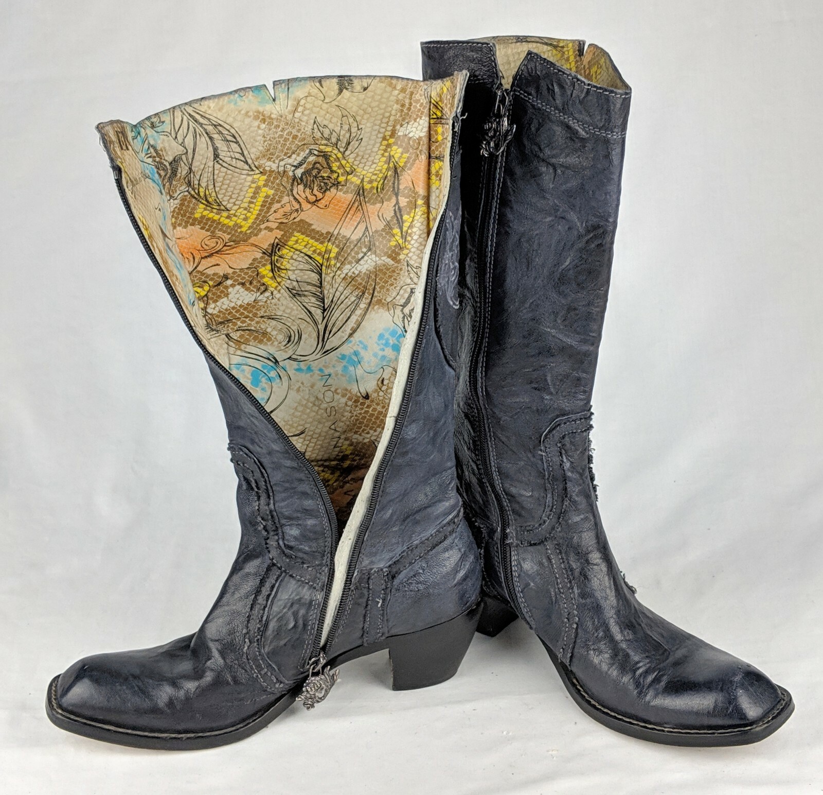 Mark Nason Siren Vero Cuoio Blue Leather Zip Boots EUC Rose Appliqué ...