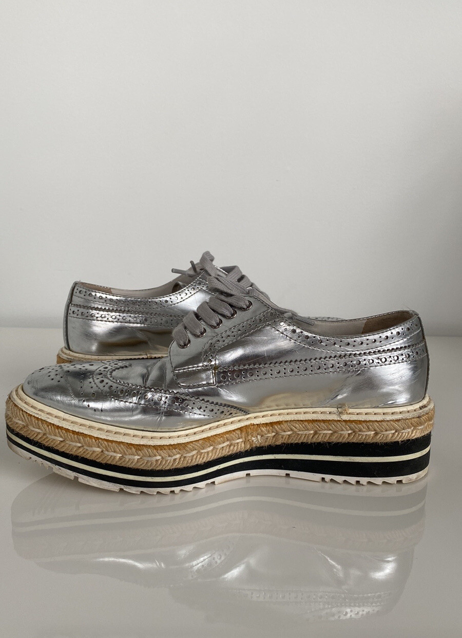 PRADA SS 2011 Silver Leather Brogues Derby Espadrille Creeper Sz 37/US ...