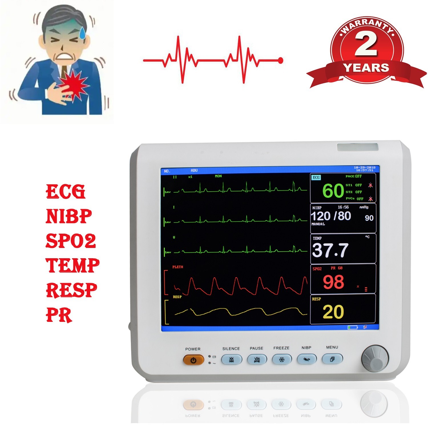 Top~8'' ICU CCU Patient Monitor - Signs ECG,NIBP ,RESP,TEMP,SPO2,PR | eBay