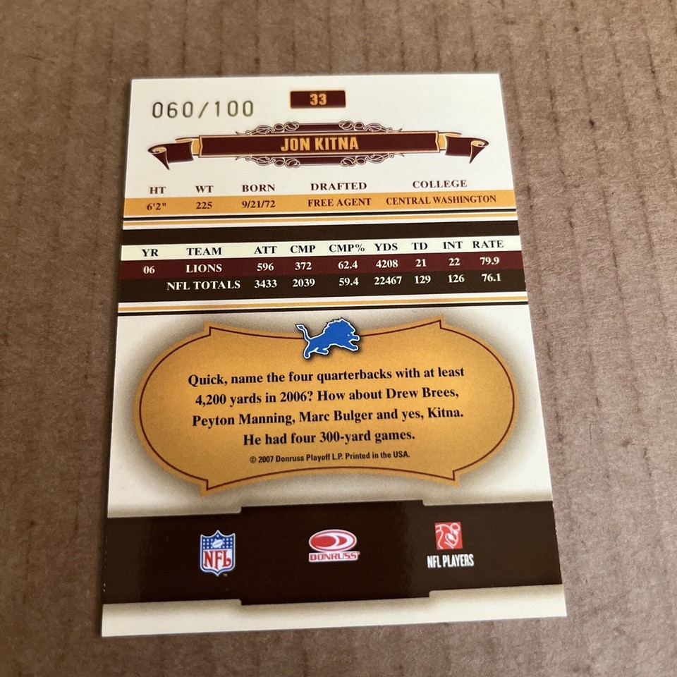 2007 Donruss Classics TIMELESS SP /100 Jon Kitna #33 Lions Football ...