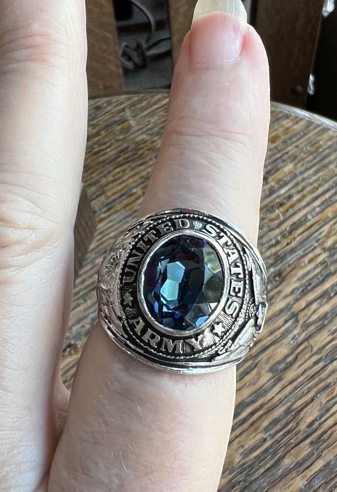 Vintage Sterling Silver Army US Class Signet Blue Unisex 50's Ring ...