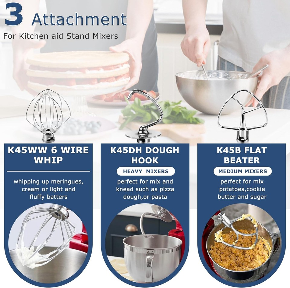 Stainless Steel Kitchen Aid Stand Mixer Attachments 3-Piece K45WW K45DH ...