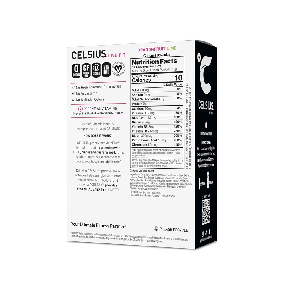 CELSIUS On-the-Go Powder Sticks Dragonfruit Lime Energy Drink Mix 2.8oz ...