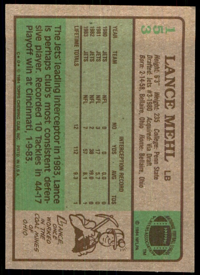 1984 TOPPS LANCE MEHL. NEW YORK JETS #153 | eBay