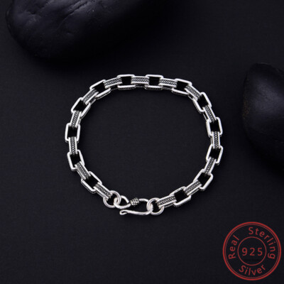 Real Solid 925 Sterling Silver Rectangle Link Chain Bracelet Men ...