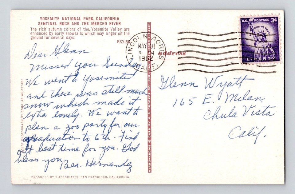Postcard California Yosemite CA Sentinel Rock Merced River 1962 Posted ...