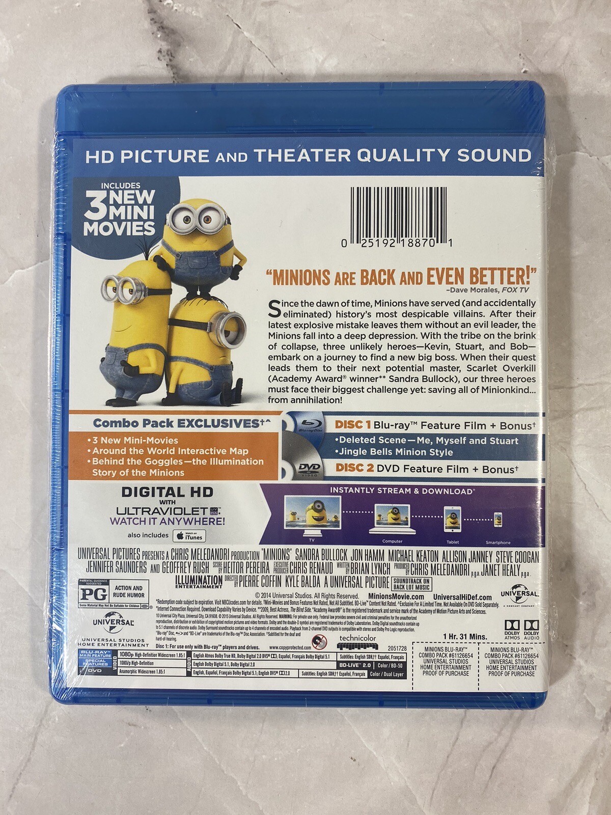 Minions (Blu-Ray, DVD, Digital, 2015, 2-Disc Set) + 3 Mini Movies ...