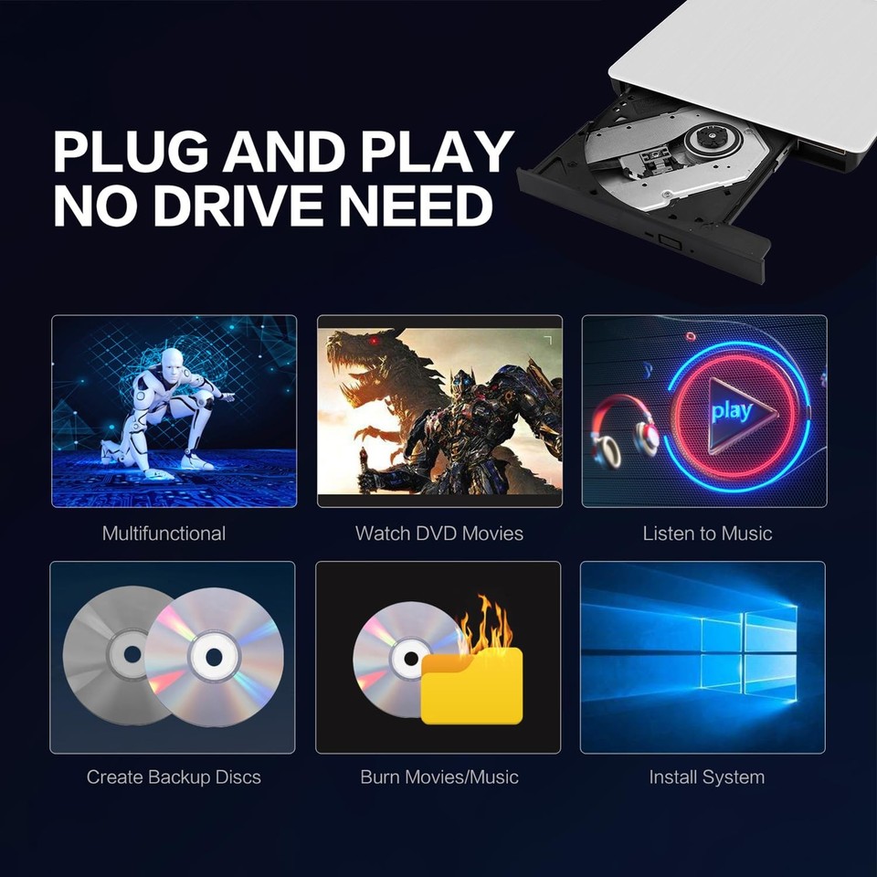External CD/DVD Drive for Laptop, USB 3.0 Ultra-Slim Portable Burner ...