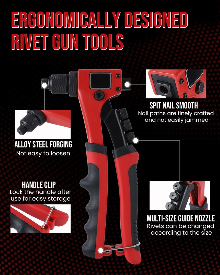 Rivet Gun Kit Manual Tool 100 Rivets 4 Interchangeable Heads 4 in 1 Pop ...