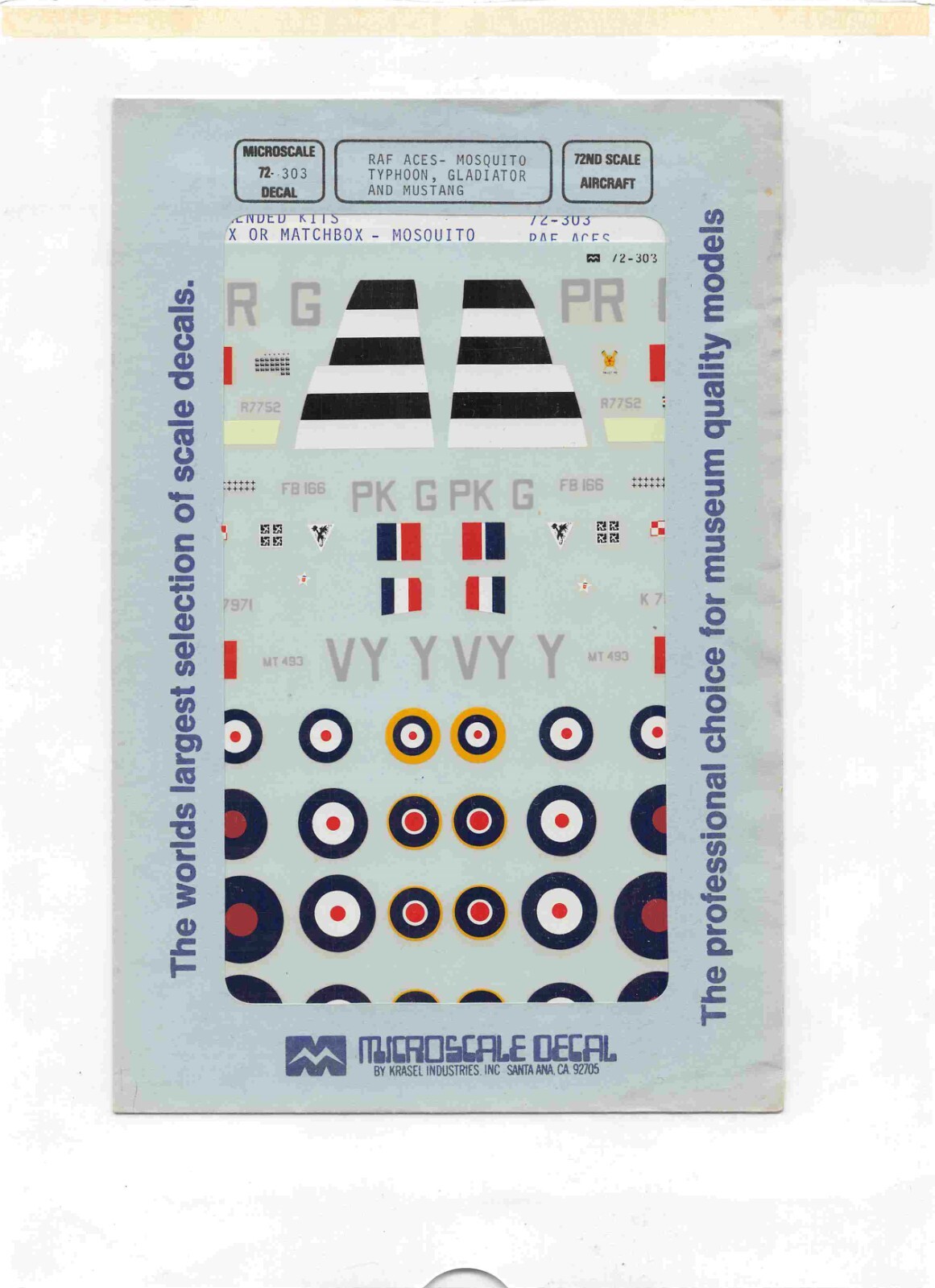 1/72 MicroScale Decals RAF Aces Mosquito Gladiator 2 Typhoon 1B Mustang ...