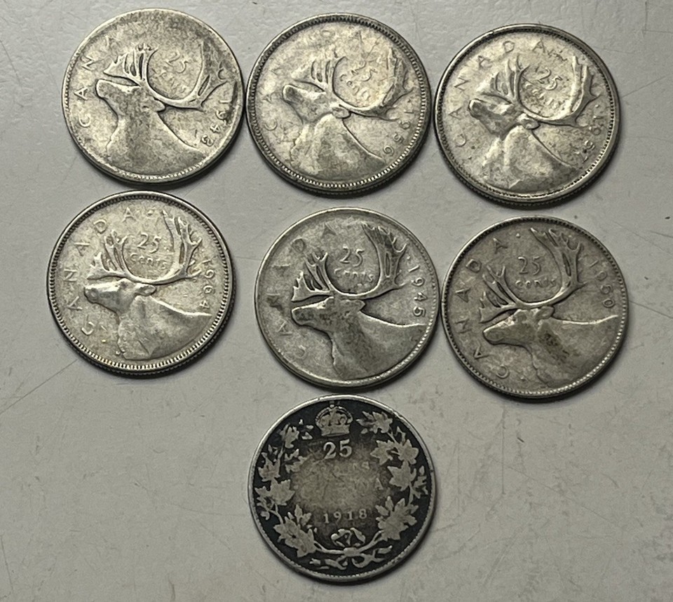 Lot Of 7 - Canada Quarters - Silver - 25 Cents - Years Range From 1918 ...