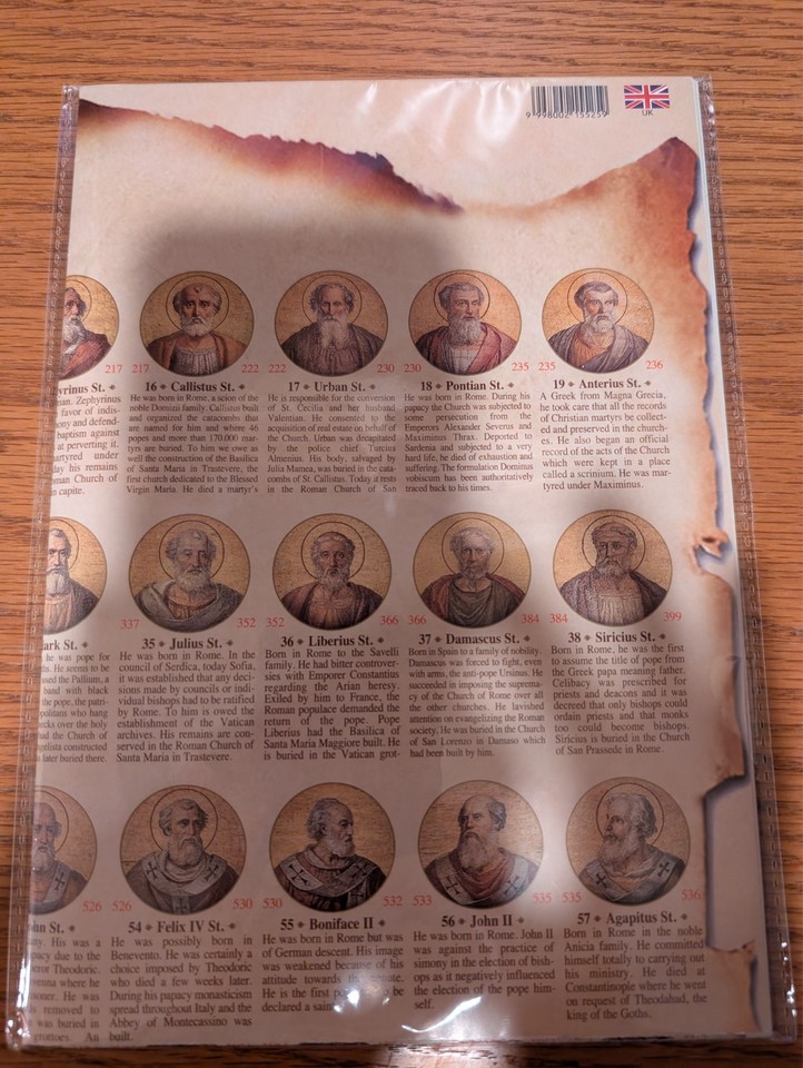 Pope Poster 27x39 260 Roman Pontiffs with Biographies Roman Catholic ...