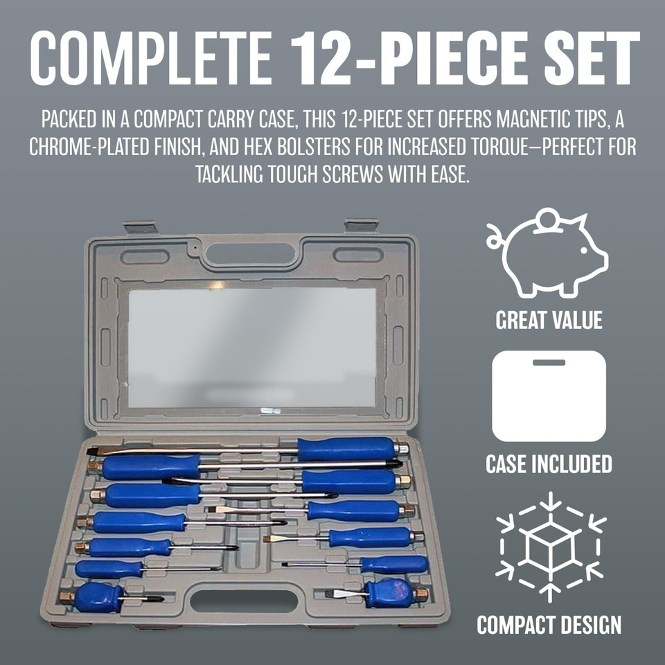 12PC SCREWDRIVER SET HEAVY DUTY MECHANICS HEX BOLSTERS WITH CASE ...