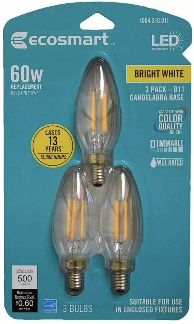 3 Pack Ecosmart LED Light Bulbs 60W/Bright White/Candelabra base/ B11 ...