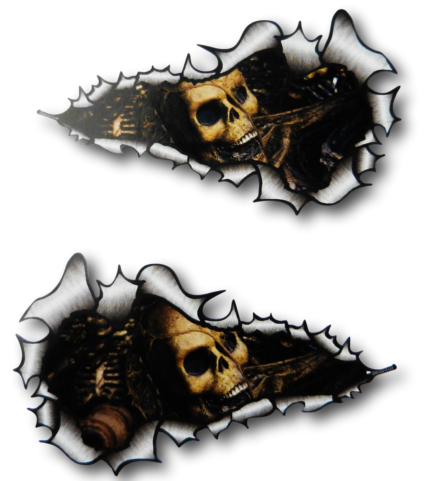 LARGE Long Pair Ripped Metal Evil Skull Biker helmet Car Sticker decal ...