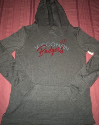 University Of Wisconsin Badgers Hoodie Medium Ladies Gray Cursive Logo ...