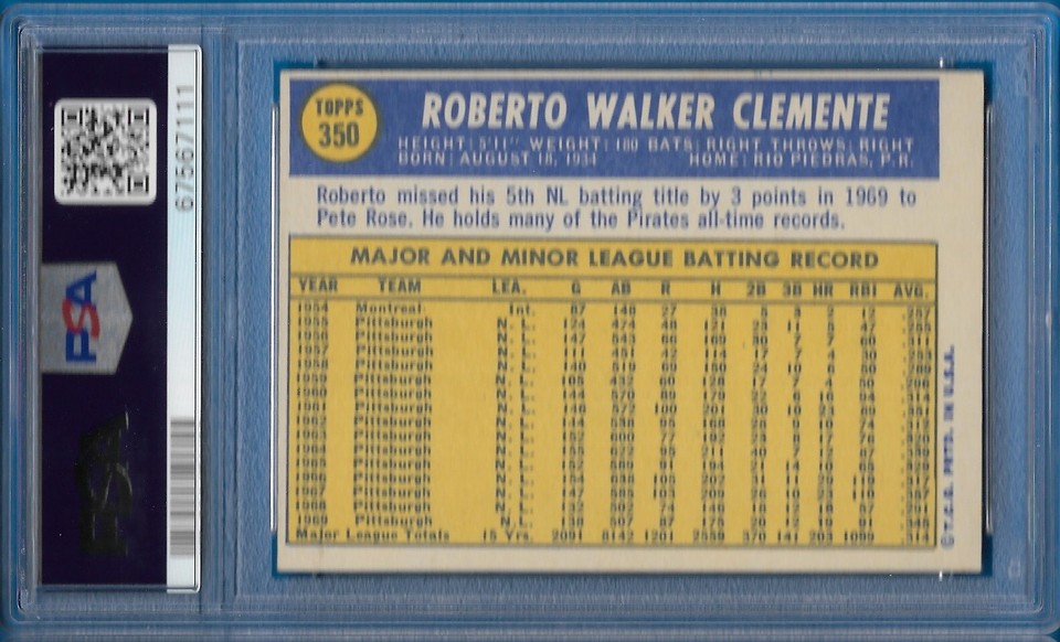 1970 Topps Roberto Bob Clemente Card #350 Pittsburgh Pirates EX-MT PSA ...