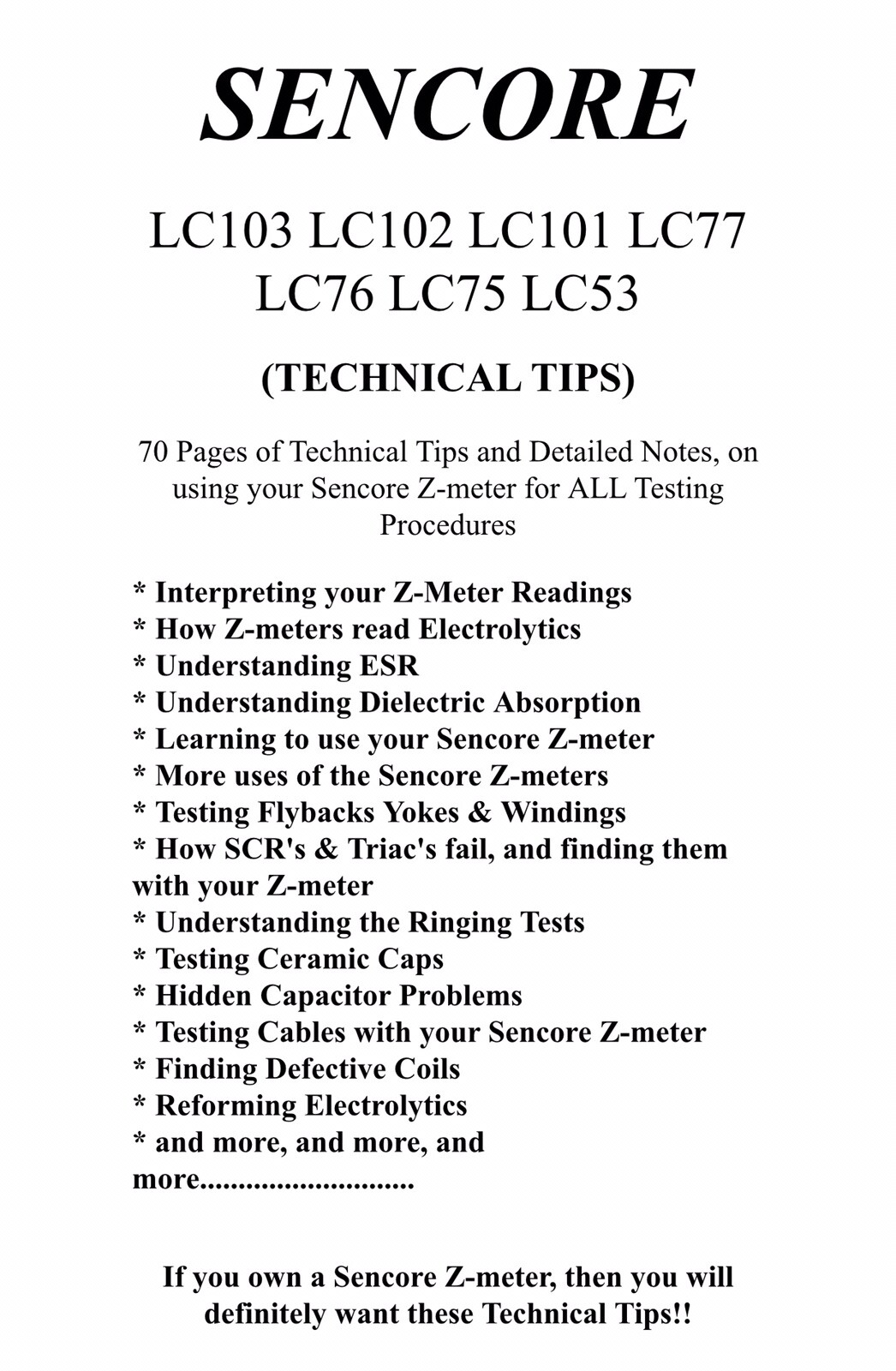 SENCORE Manual, (70 Pgs) Detailed Technical Tips Using LC103 102 101 77 ...