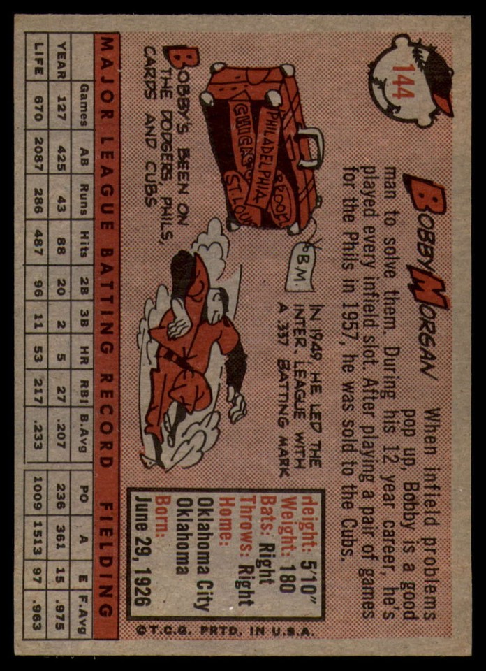 1958 Topps #144 Bobby Morgan EX/NM Cubs ID:120907 | eBay