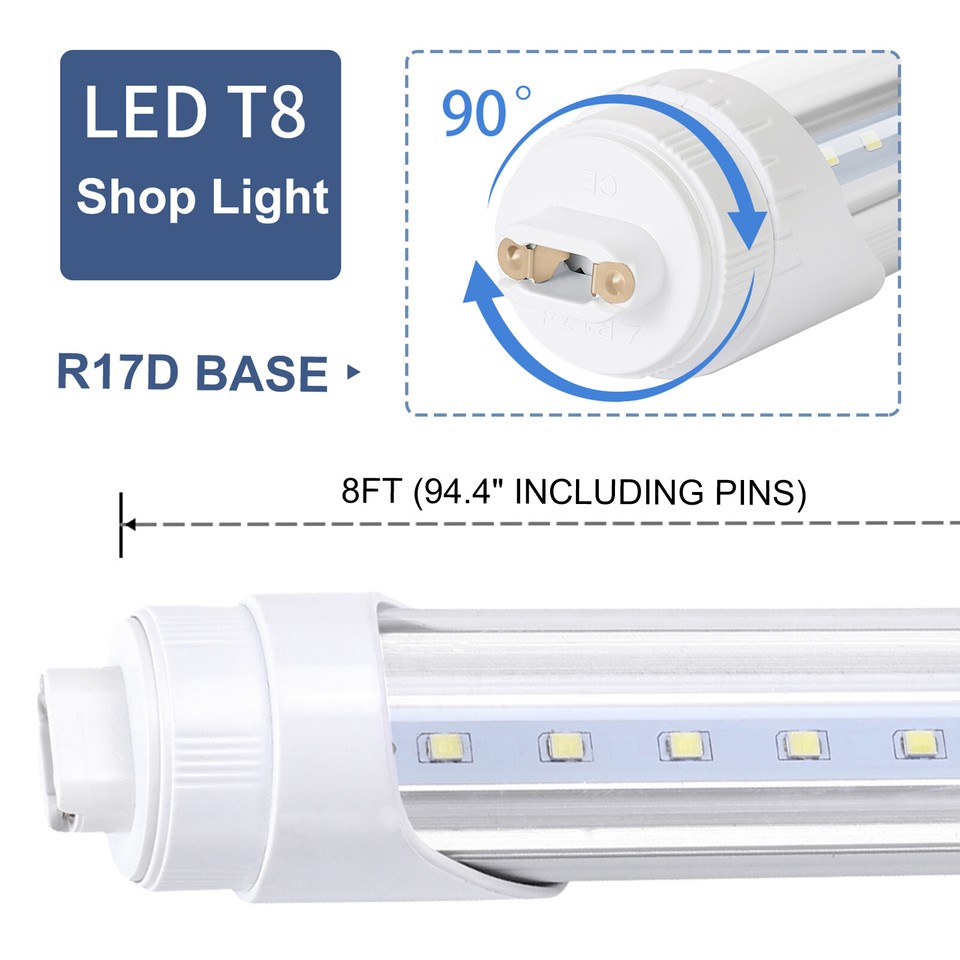 8' 2 Pin LED Tube Light, Rotatable R17D/HO 8FT F96T12 T8 Fluorescent ...