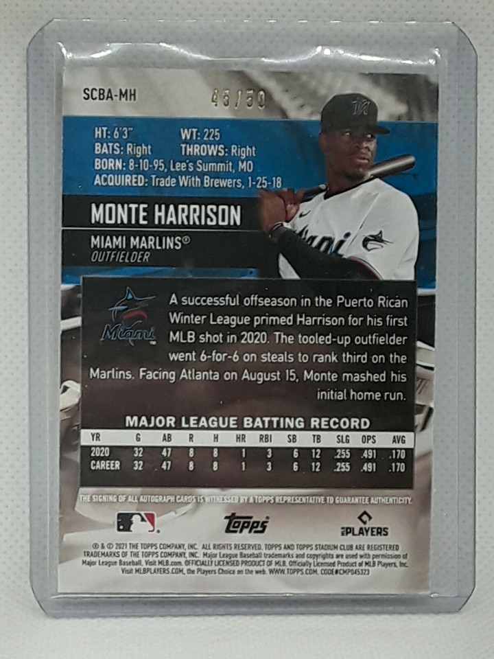 Monte Harrison 2021 Topps Stadium Club - RC RED AUTO (45/50) - Miami ...
