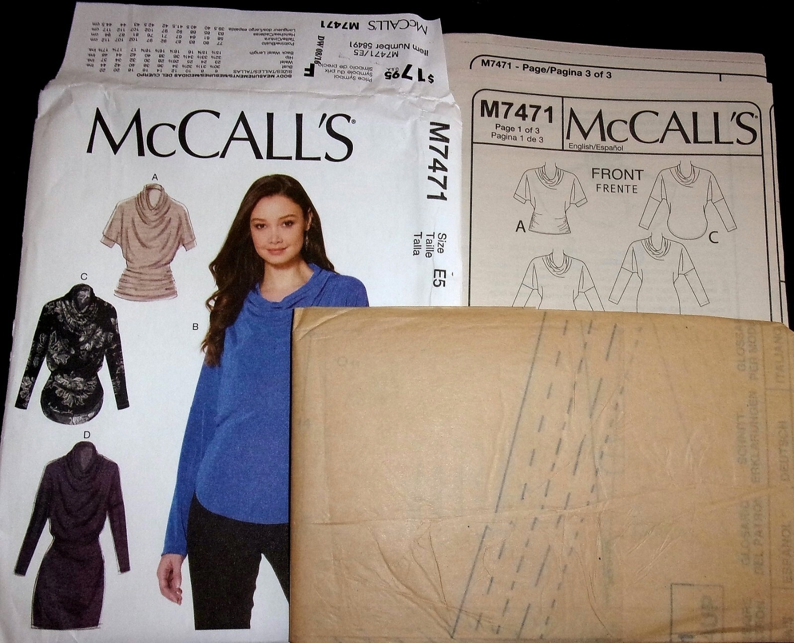 McCall's Pattern M7471 Tunic Top Cowl Neckline & Sleeve Options Size 14 ...