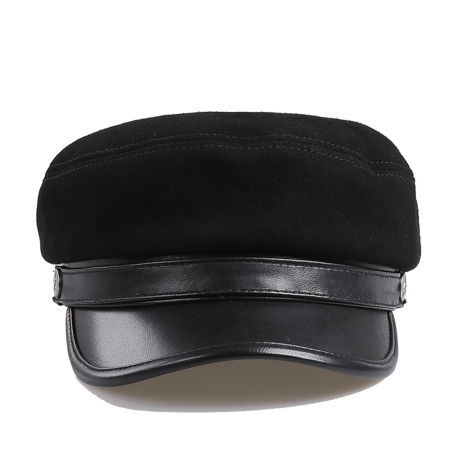 100% Suede Leather Unisex Classic British Flat Top Cap Military Army ...