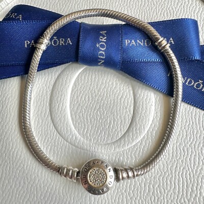 Authentic Pandora Silver 14k Gold Signature CZ Clasp Bracelet 18.5cm ...