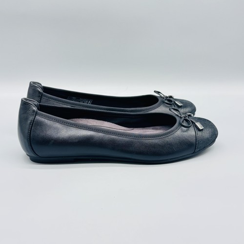 Vionic Shoes Women 8 Black Leather Minna Slip On Ballet Flat Bow Cap ...