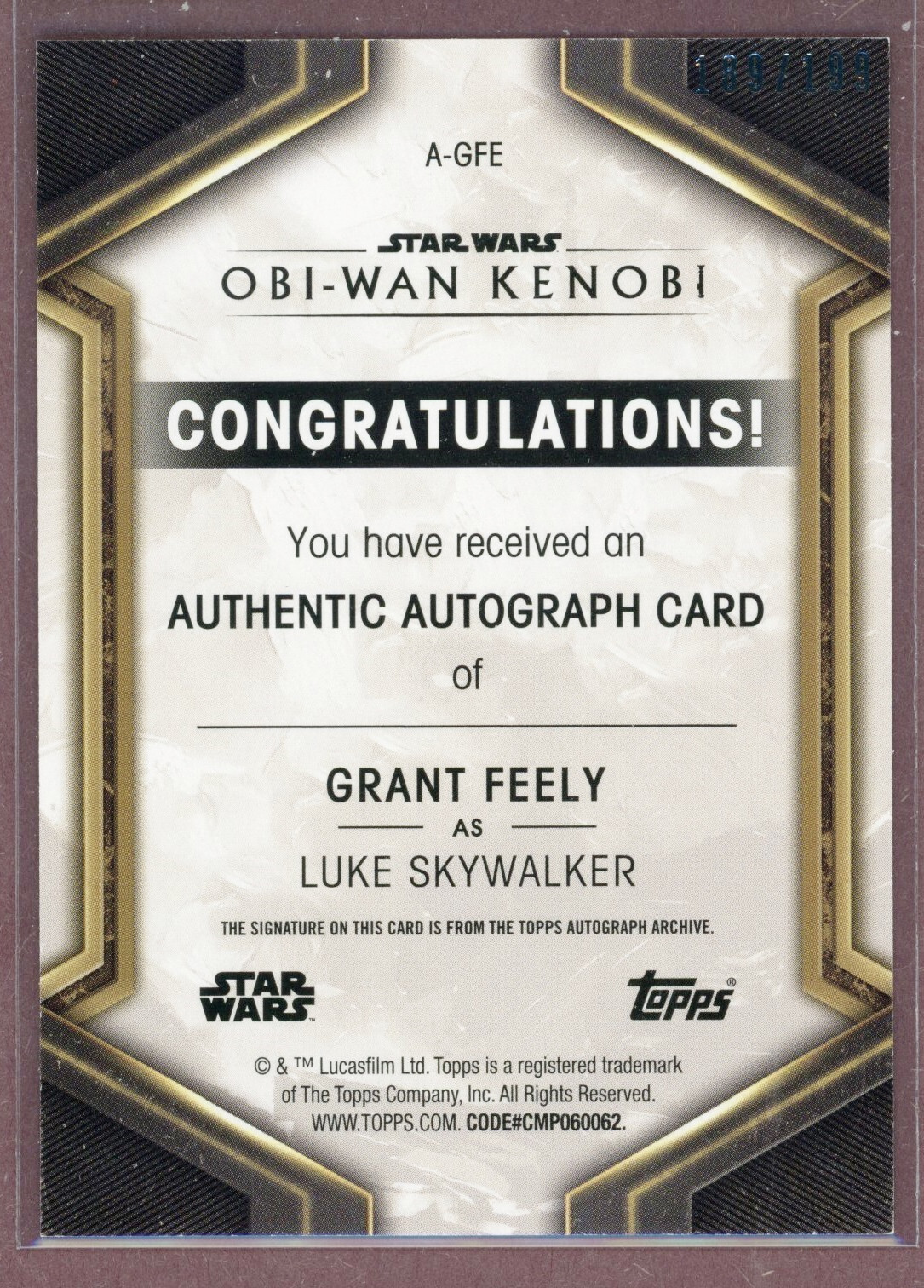 2023 Topps Star Wars Kenobi Auto Purple Grant Feely as Luke Skywalker ...