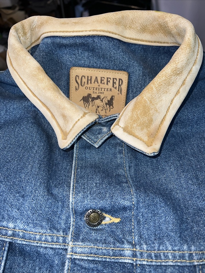 Vintage Schaefer Outfitters Denim Jacket Leather Collar 2XL Made In USA ...
