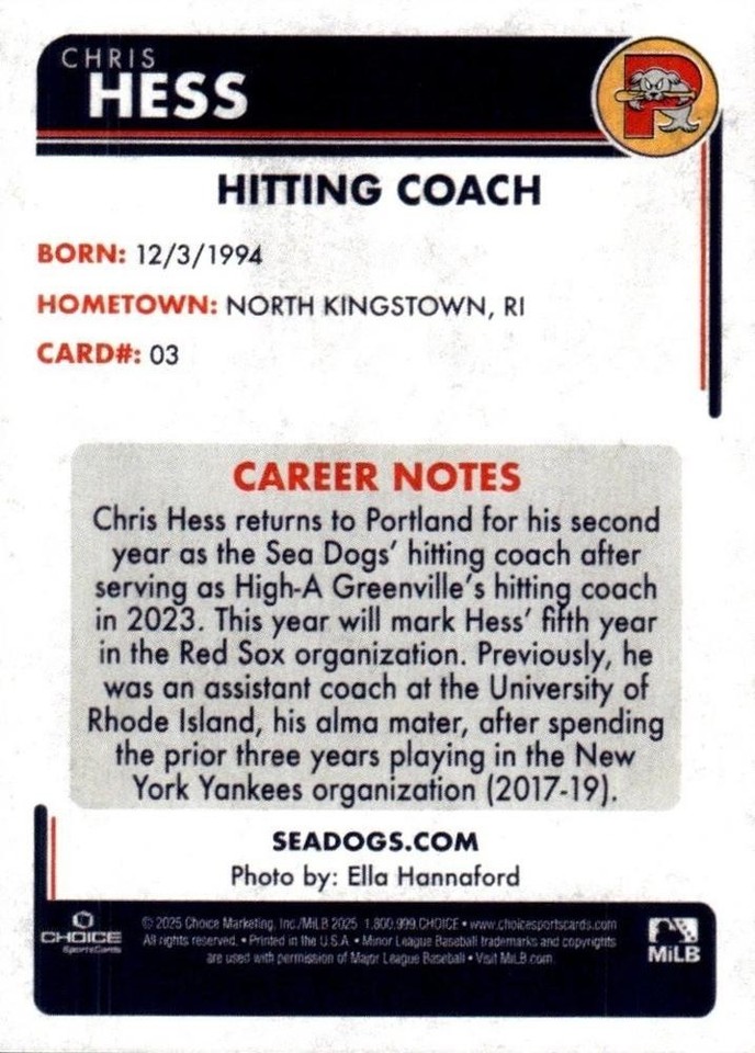 CHRIS HESS 2025 Choice Portland Sea Dogs #3 Rhode Island Rams Red Sox 🔥 ...