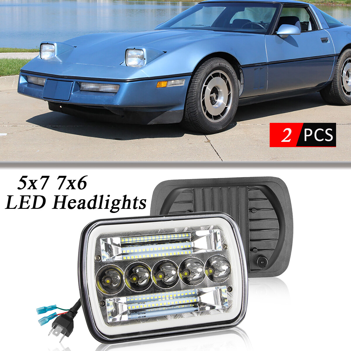 Fit Chevy Corvette C4 1984-1996 Pair 5x7 7x6 LED Headlights Projector ...