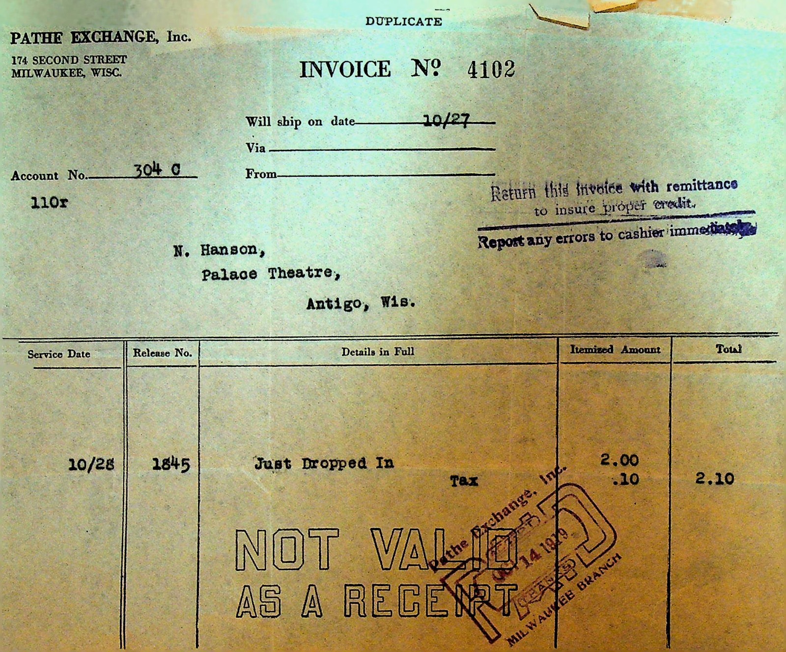 Pathe Exchange Invoice October 27 1919 Just Dropped In | eBay UK