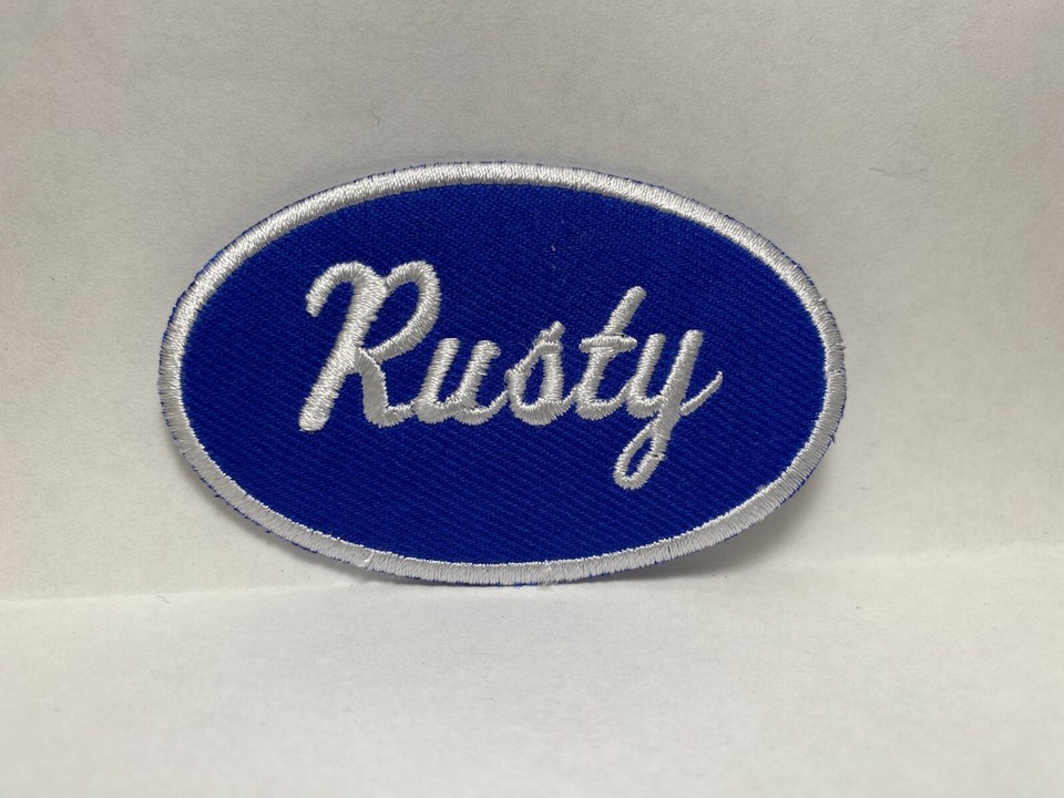 RUSTY USED EMBROIDERED VINTAGE SEW ON NAME PATCH TAGS OVAL WHITE ON ...
