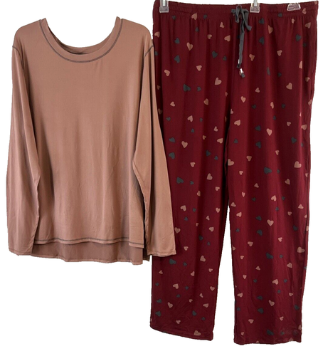 Cuddl Duds Heart Pajamas Set Beige Maroon Sz XL Long Sleeve A381742 ...