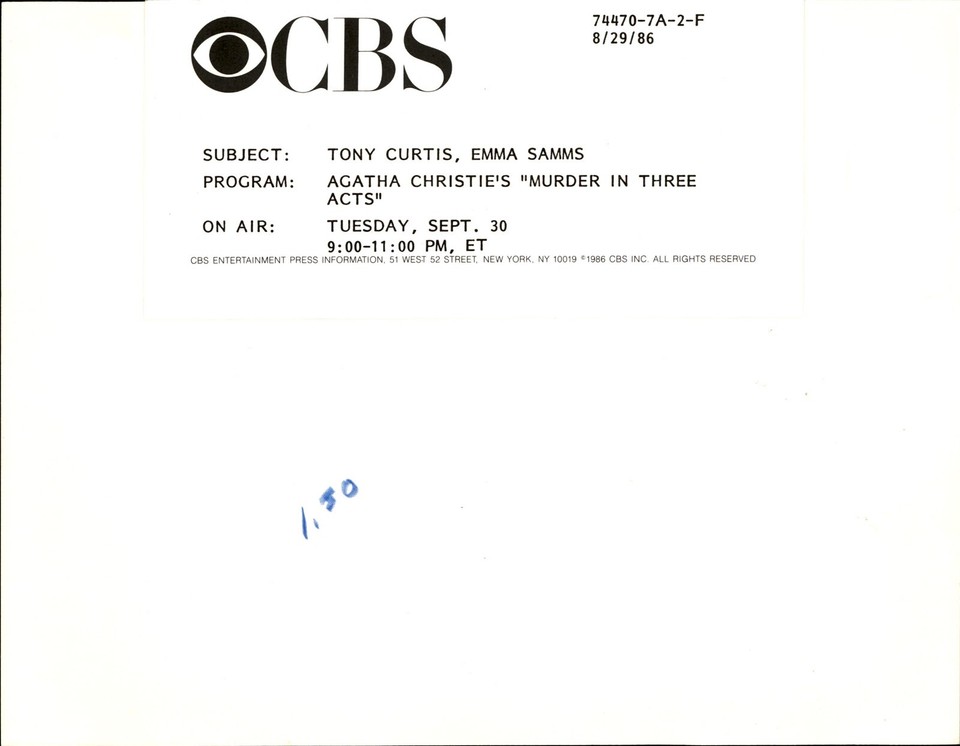 BR51 1986 Rare Original Photo TONY CURTIS EMMA SAMMS Murder in Three ...