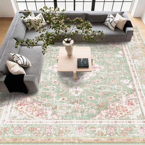 Washable Area Rugs Boho Vintage Modern Neutral Large Carpet Green and ...