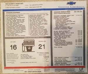 1995 CHEVROLET BLAZER ORIGINAL MSRP WINDOW STICKER | eBay